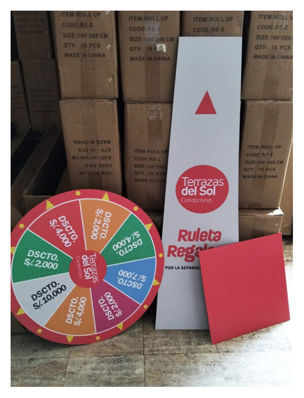 Ruleta Publicitario MDF con Soporte y Base Metal - Display Publicitarios